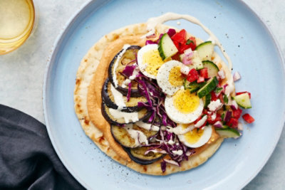 Middle Eastern Eggplant Sabich with Harissa Hummus and Israeli Salad ...