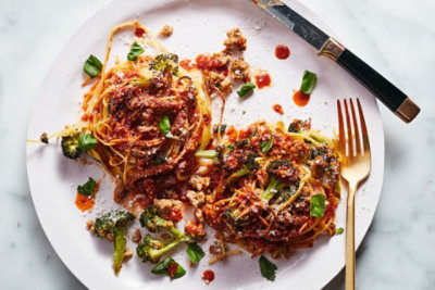 Spaghetti Nests with Italian Sausage, Broccoli, and Hot Cherry Peppers ...