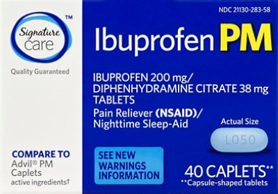 Signature Care Ibuprofen Pain Reliever PM 200mg NSAID Sleep Aid Caplet ...