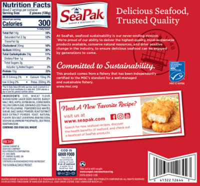 SeaPak Shrimp & Seafood Co. Cod Fillets Frozen Budweiser Beer Battered ...