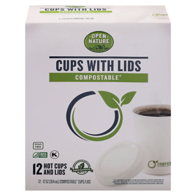 Open Nature Cups Hot W/Lids Compostable - 12 Count - albertsons