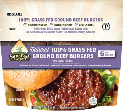 Sunfed Ranch Beef Patties Grass Fed Frozen 90/10 - 24 Oz - Albertsons