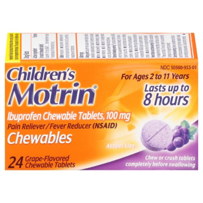 Motrin Childrens Ibuprofen Chewable Tablets 100 mg Grape - 24 Count ...