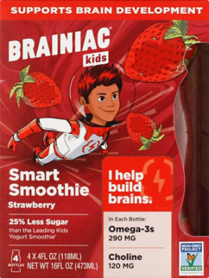 Brainiac Kids Yogurt Omega 3 Smart Smoothies Strawberry 4 Count - 4oz ...