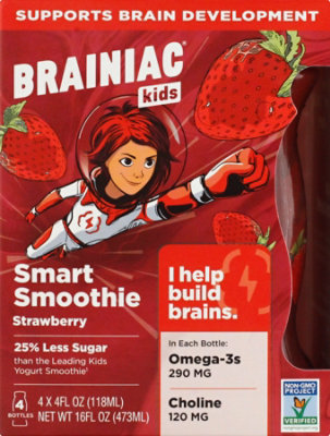 Brainiac Kids Yogurt Omega 3 Smart Smoothies Strawberry 4 Count - 4oz ...