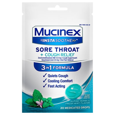 Mucinex InstaSoothe Alpine Herbs And Mint Sore Throat Plus Cough Relief ...