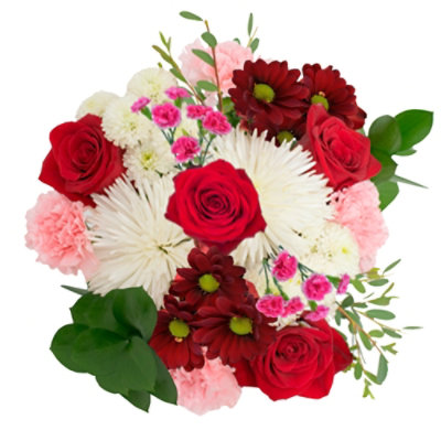 A Romantic Mix Of Fresh Flowers Featuring Red Roses White Disbuds Pink ...